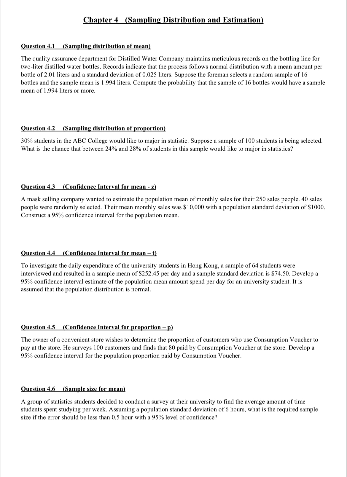 Solved Chapter 4 (Sampling Distribution and | Chegg.com