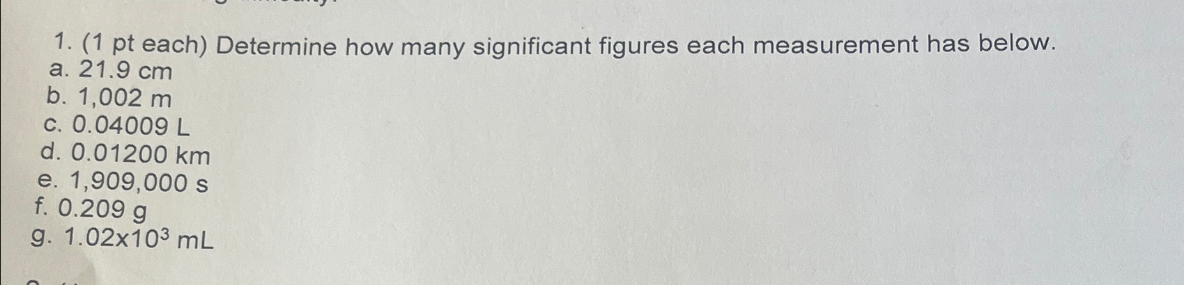 Solved (1 ﻿pt each) ﻿Determine how many significant figures | Chegg.com
