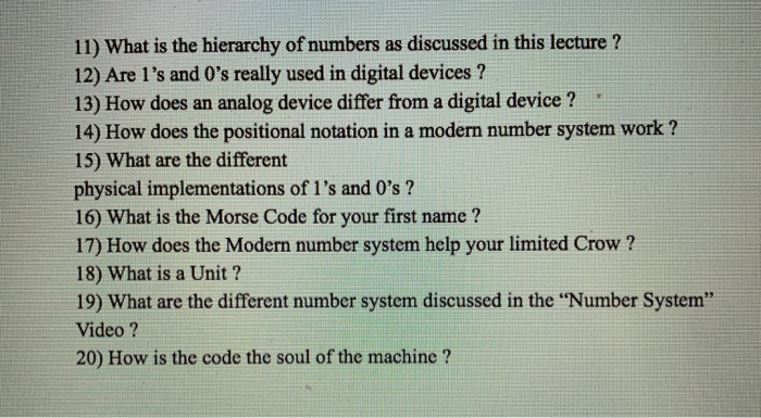 Solved 11) What is the hierarchy of numbers as discussed in | Chegg.com
