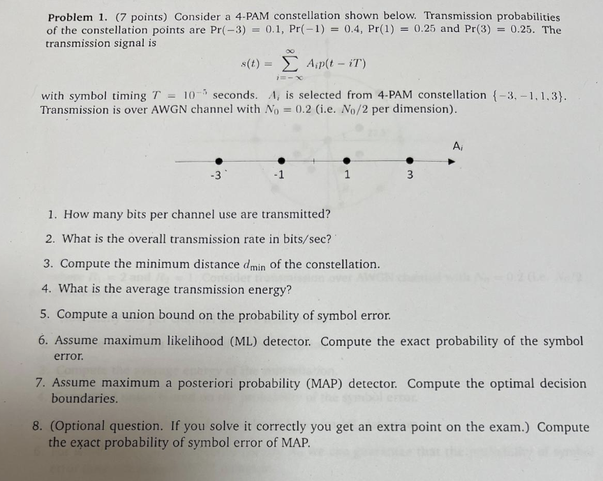 Solved Problem 1. (7 points) Consider a 4-PAM constellation | Chegg.com