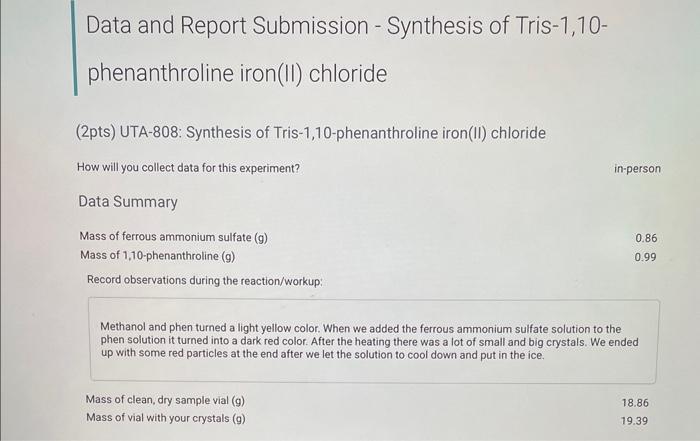 Solved Data and Report Submission - Synthesis of Tris- 1,10 | Chegg.com