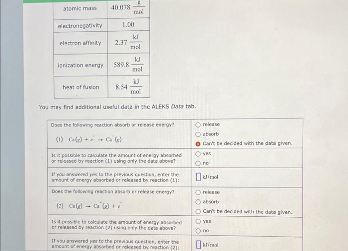 Solved consider the following data for calcium:atomic mass | Chegg.com