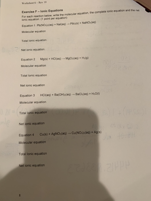 Solved Worksheet 6-Rev 10 Exercise F -lonic Equations For | Chegg.com