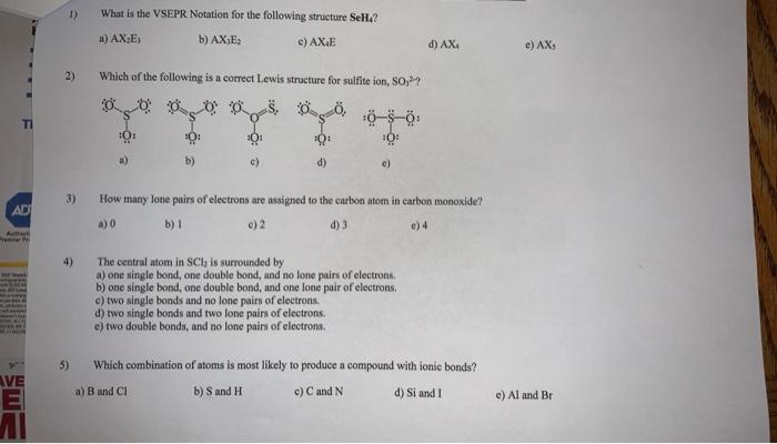 Solved D) What is the VSEPR Notation for the following | Chegg.com