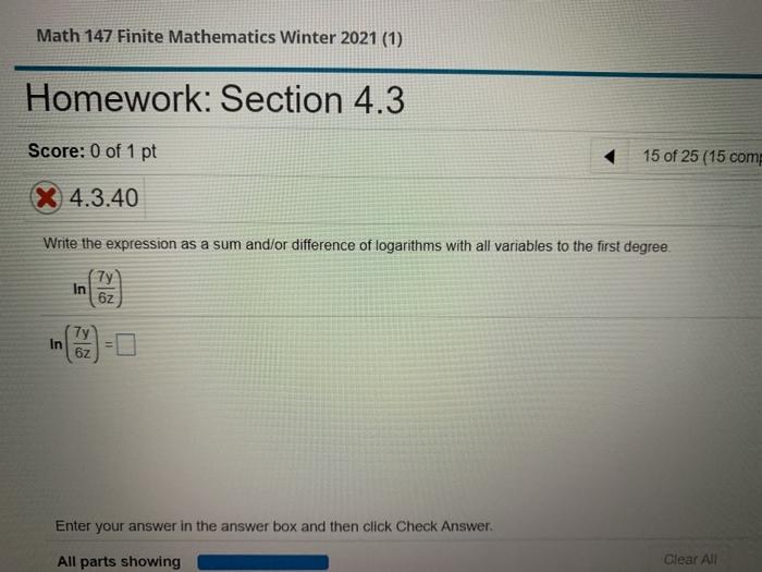 Solved Math 147 Finite Mathematics Winter 2021 (1) Homework: | Chegg.com
