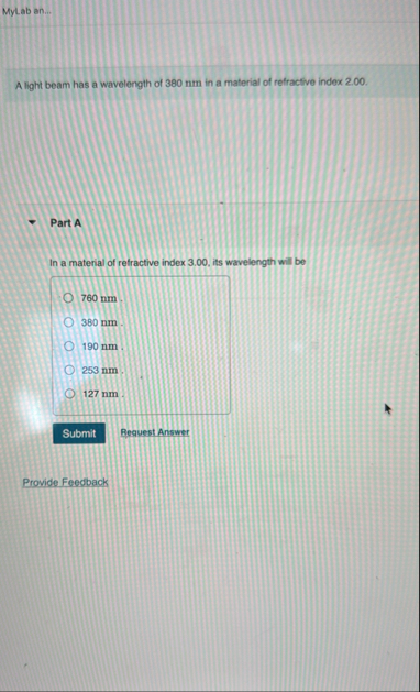 Solved MyLab an...A light beam has a wavelength of 380 ﻿nm | Chegg.com