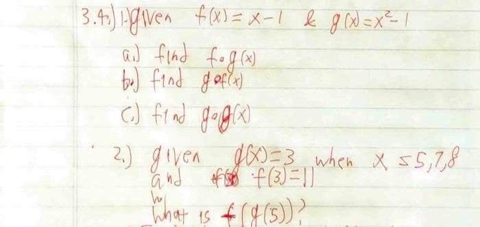Solved 3.4.) I.Given f(x)=x−1 \& g(x)=x2−1 a.) find f∘g(x) | Chegg.com