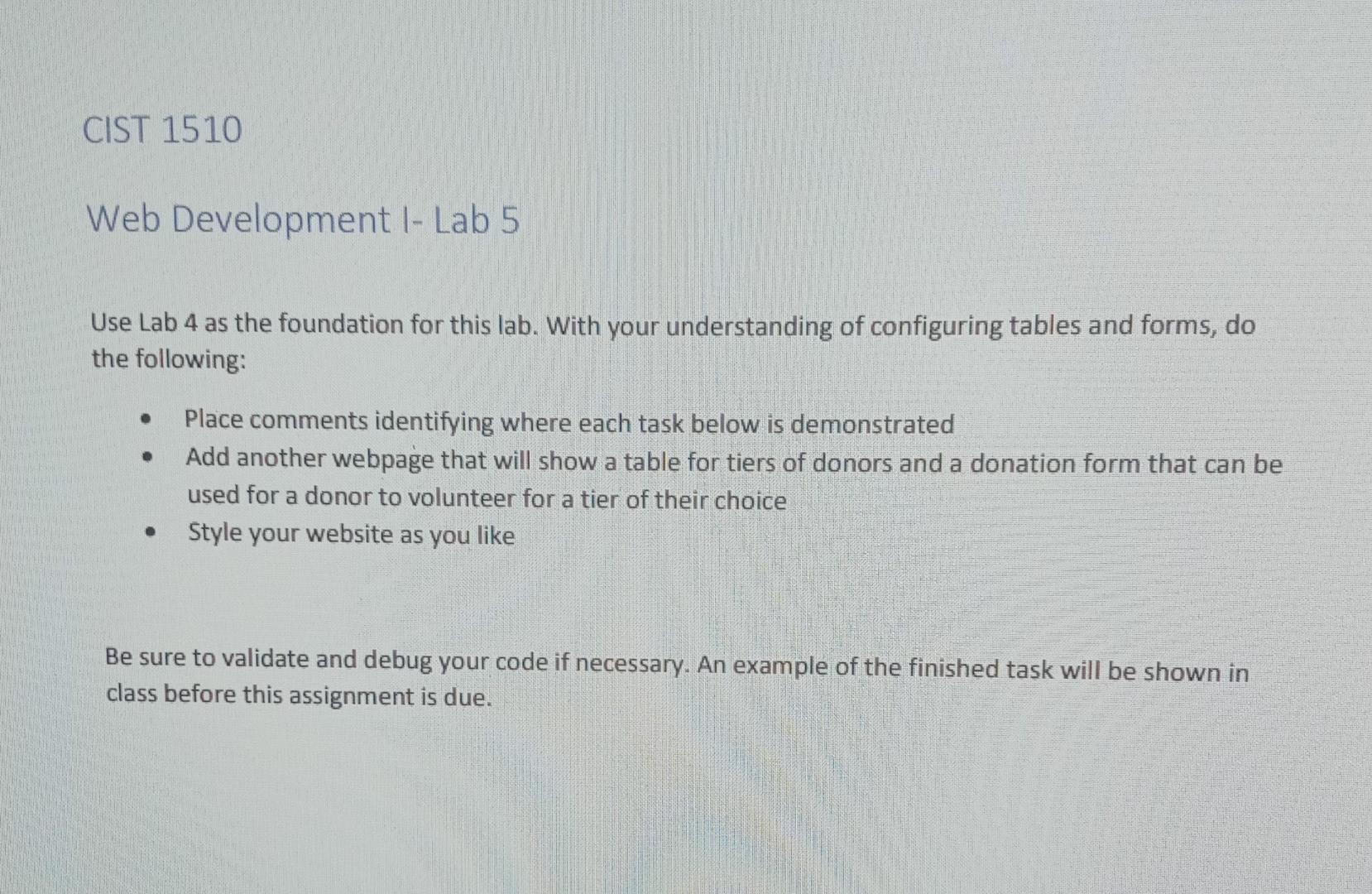 Solved CIST 1510 Web Development l- Lab 5 Use Lab 4 as the | Chegg.com
