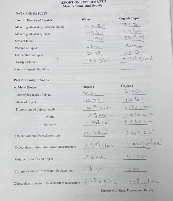 Solved REPORT ON EXPERIMENT 3 Mass, Volume, and DensityB. | Chegg.com