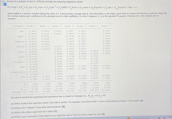 Solved Based on a sample of men in 1976 we consider the | Chegg.com