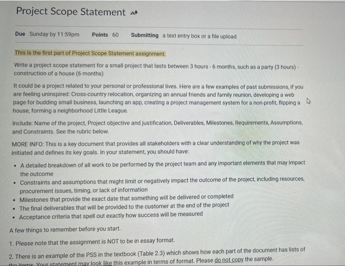 Solved This is the first part of Project Scope Statement | Chegg.com