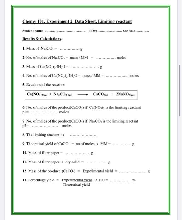 Solved 1.D#: Chemy 101, Experiment 2 Data Sheet, Limiting | Chegg.com
