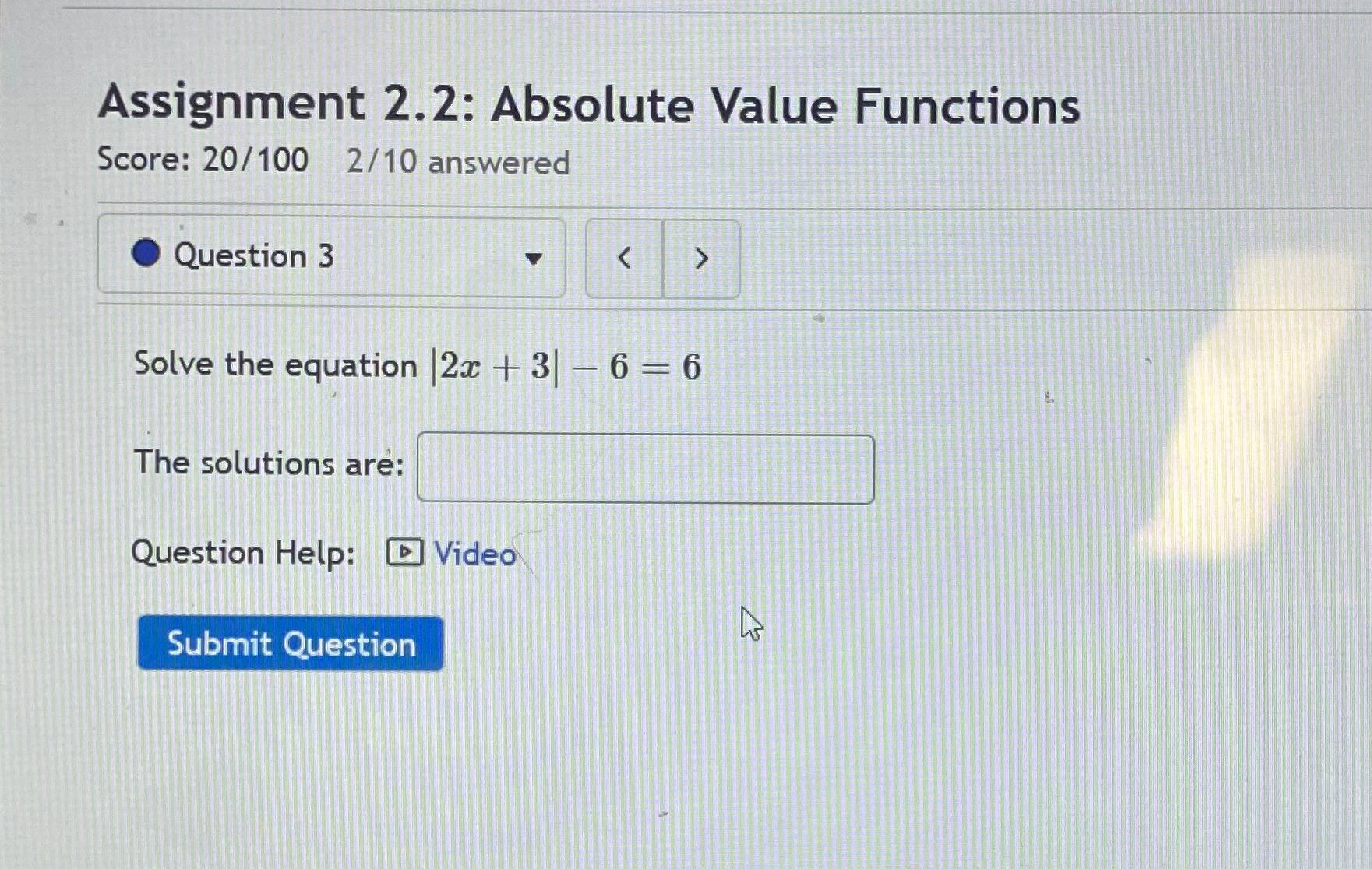 Solved Assignment 2.2: Absolute Value FunctionsScore: | Chegg.com