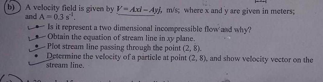 Solved A velocity field is given by V=Axi−Ayj, m/s; where x | Chegg.com