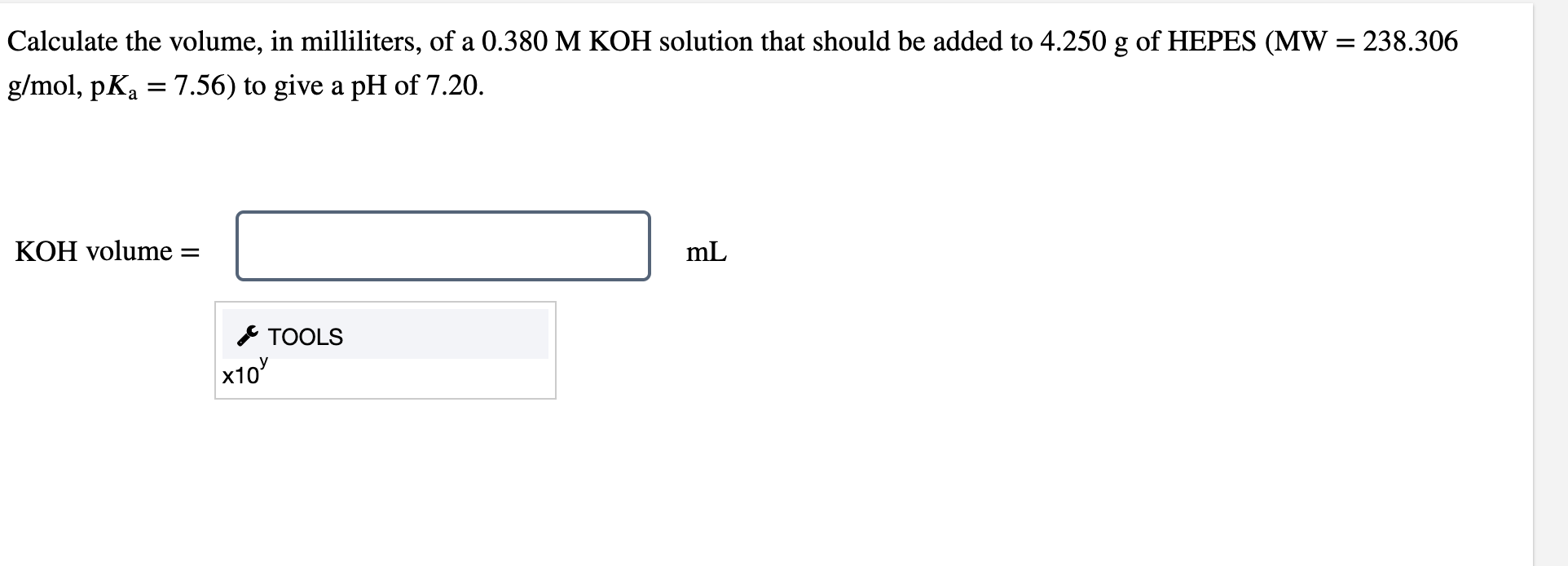 Solved Calculate the volume, in milliliters, of a 0.380MKOH | Chegg.com