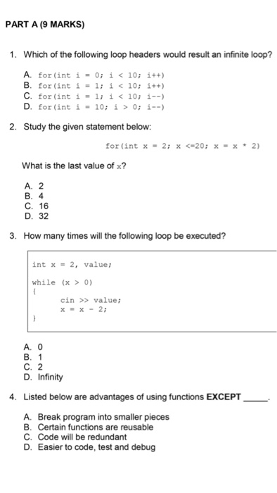 Solved PART A (9 MARKS) 1. Which of the following loop | Chegg.com