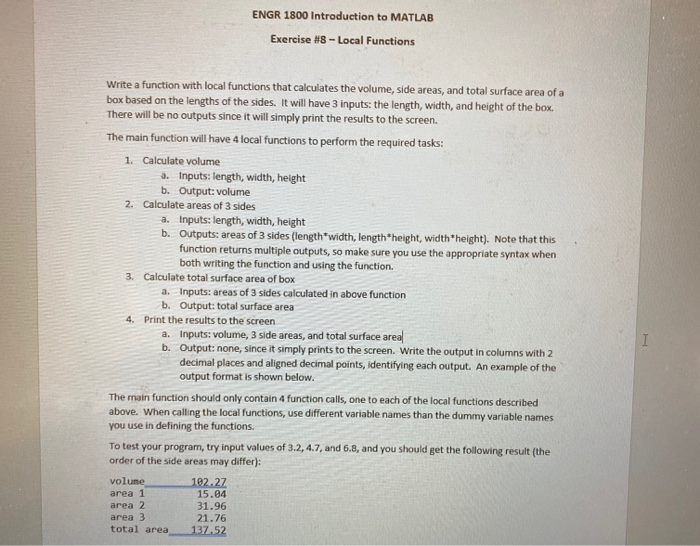 ENGR 1800 Introduction to MATLAB Exercise #8-Local | Chegg.com