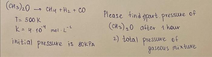 (CH3)2O→CH4+H2+CO Please tind 1)part. pressure of | Chegg.com