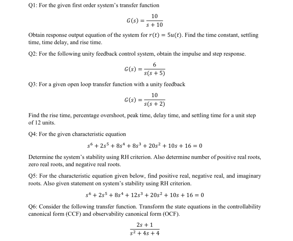 Solved Q1: For the given first order system's transfer | Chegg.com