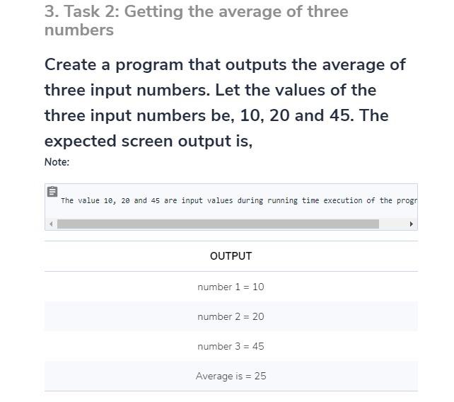 Solved 3. Task 2: Getting the average of three numbers | Chegg.com
