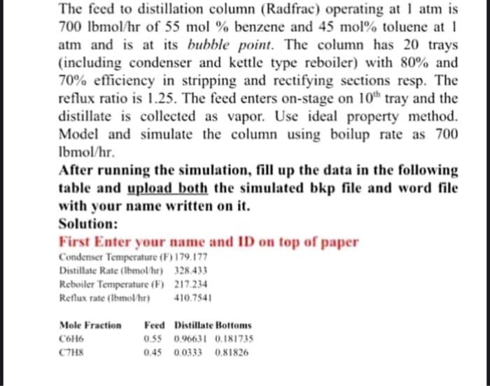 The feed to distillation column (Radfrac) operating | Chegg.com