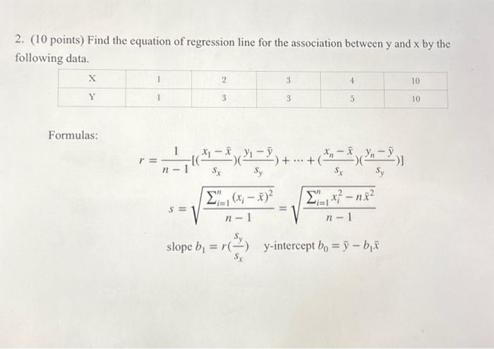 2. (10 points) Find the equation of regression line | Chegg.com