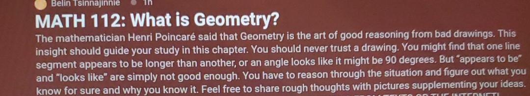 Solved Belin Tsinnajinnie MATH 112: What is Geometry? The | Chegg.com