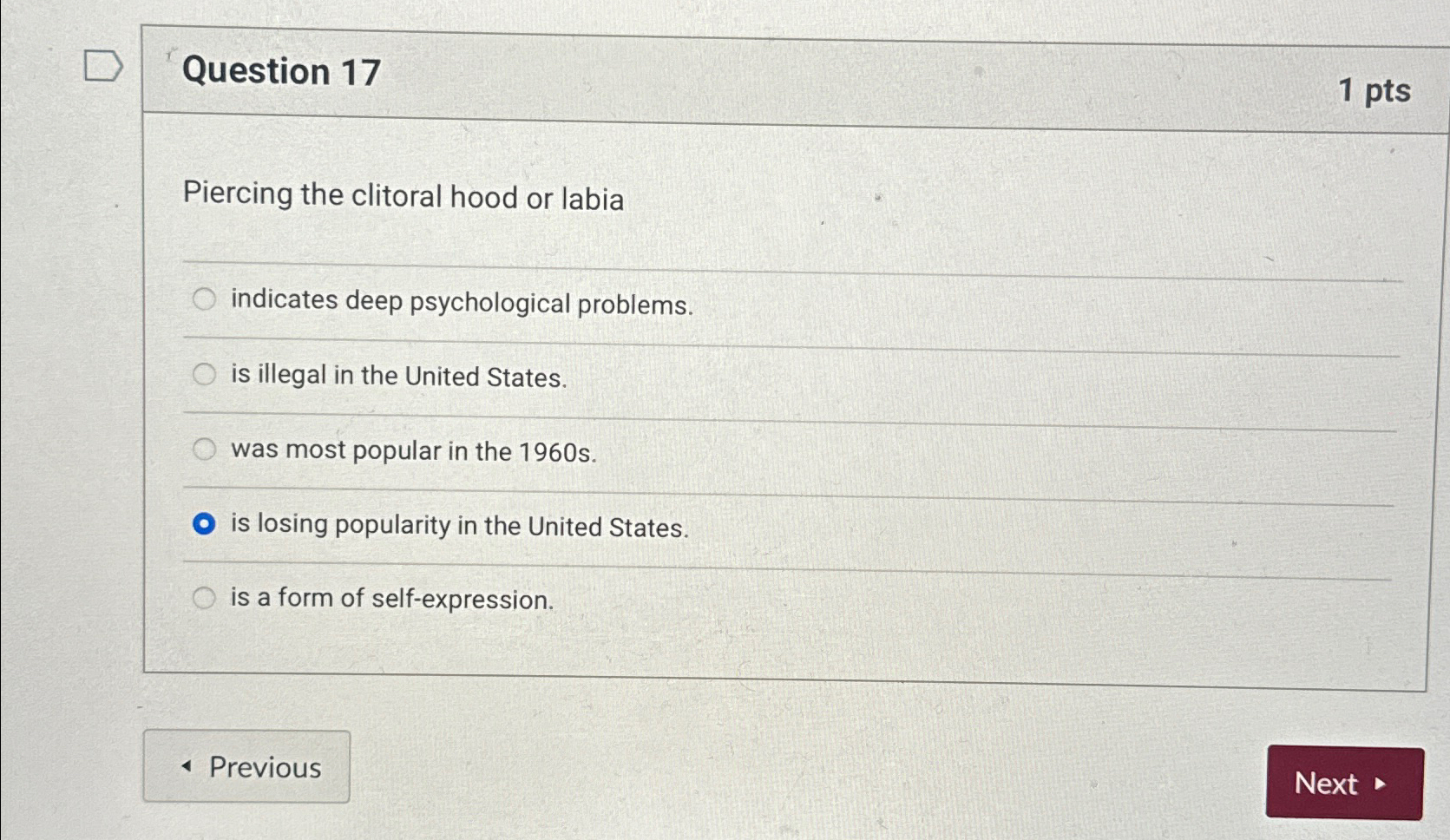 Solved Question 171 ﻿ptsPiercing the clitoral hood or | Chegg.com