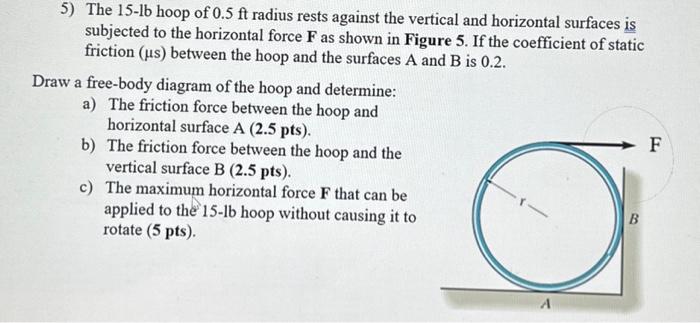 Solved 5) The 15−lb hoop of 0.5ft radius rests against the | Chegg.com