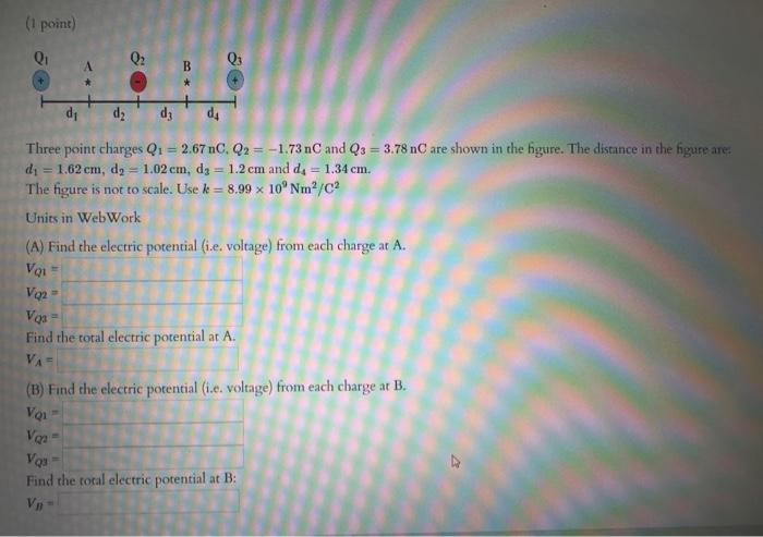 Solved (1 point) Three point charges Q1=2.67nC,Q2=−1.73nC | Chegg.com