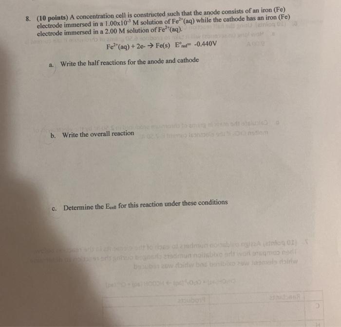 Solved 8. (10 points) A concentration cell is constructed | Chegg.com