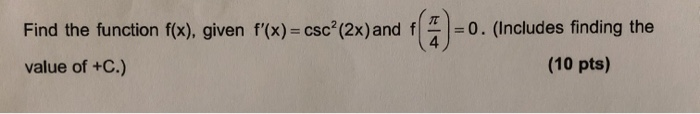 Solved Find the function f(x), given f'(x) = csc?(2) | Chegg.com