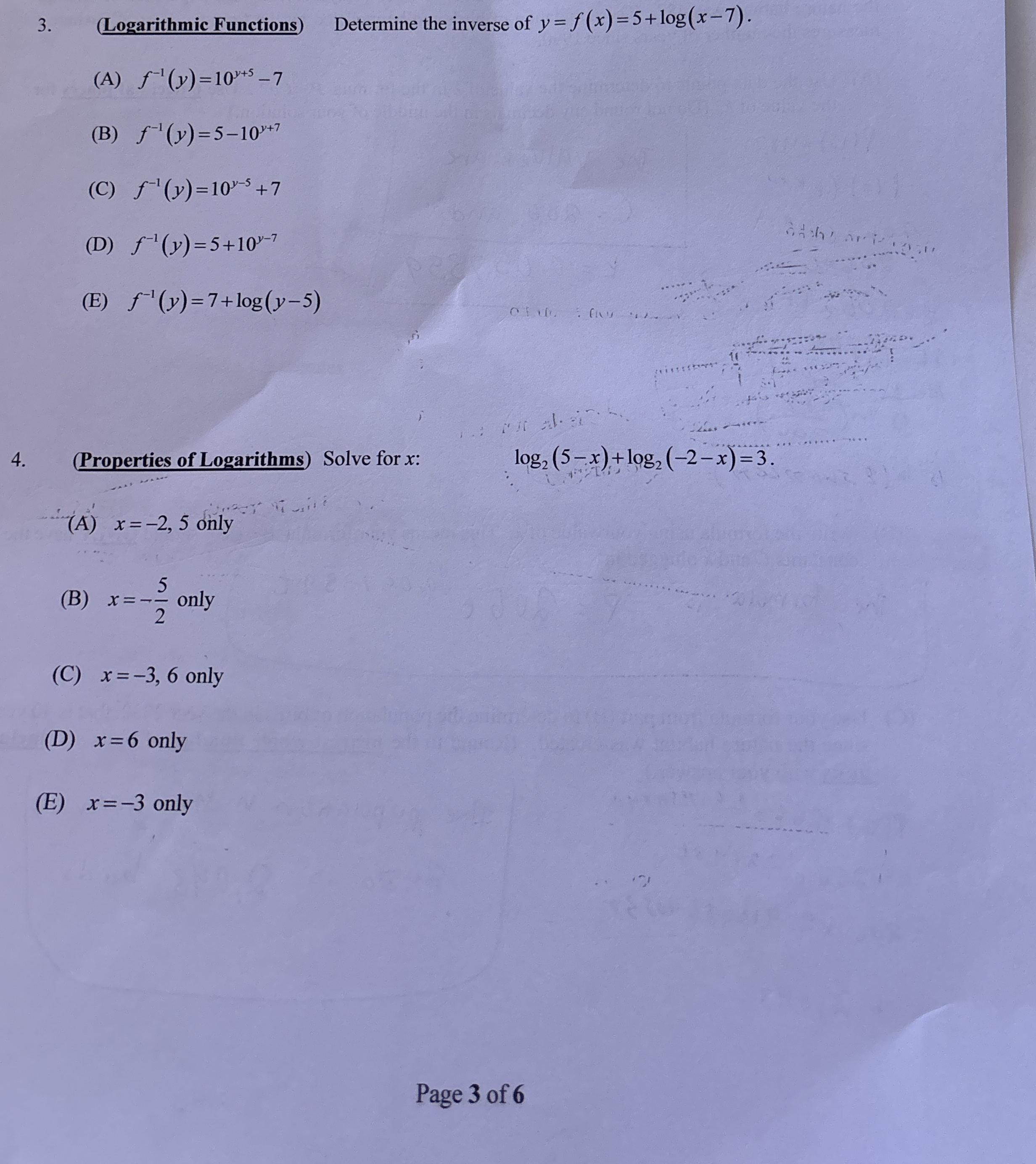 Solved (Logarithmic Functions) ﻿Determine the inverse of | Chegg.com