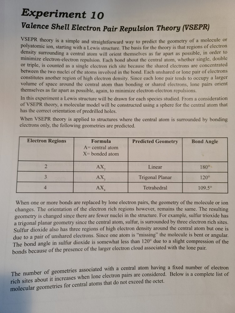 Solved Experiment 10 Valence Shell Electron Pair Repulsion | Chegg.com