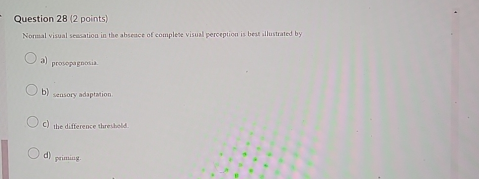 Solved Question 28 (2 ﻿points)Normal visual sensation in the | Chegg.com
