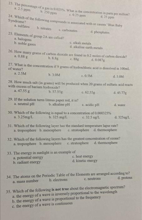 Solved 2.2.5 ppm b. 250 ppm 23. The percentage of a gas is | Chegg.com