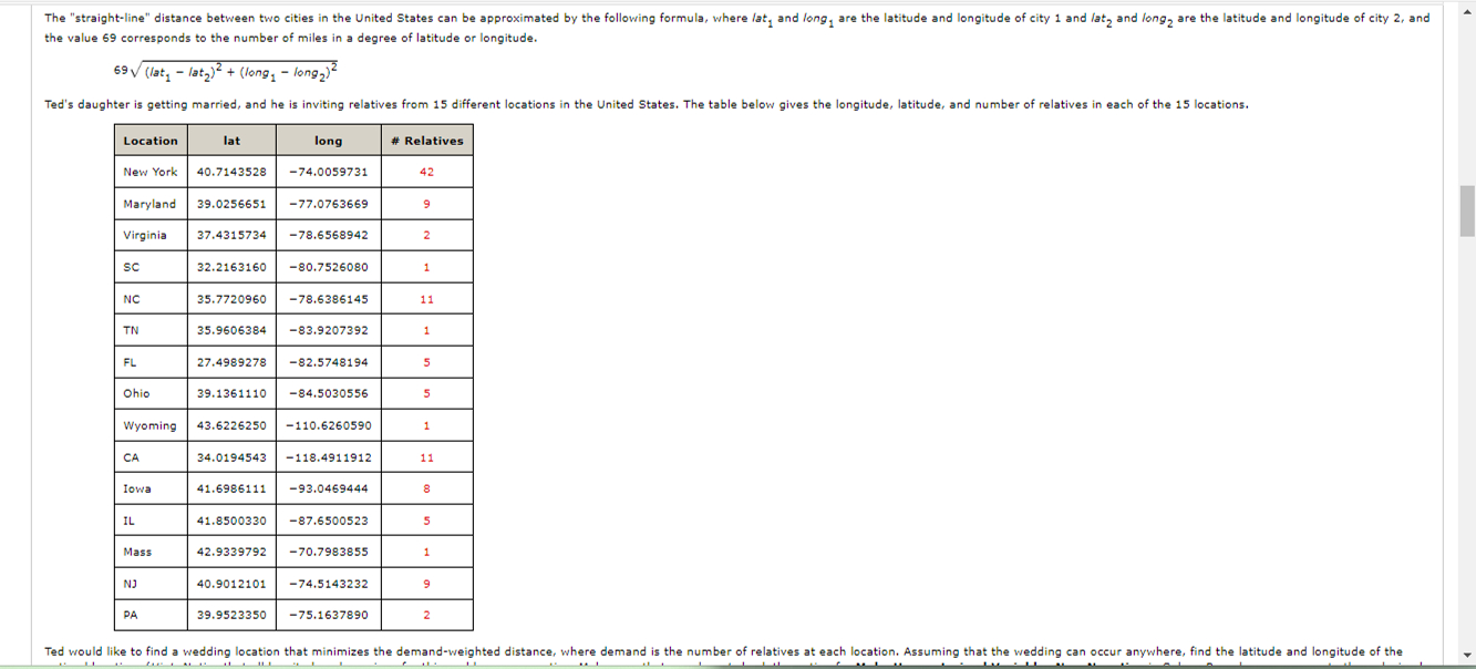 Solved Ted would like to find a wedding location that | Chegg.com