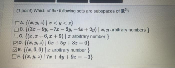 Solved (1 point) Which of the following sets are subspaces | Chegg.com