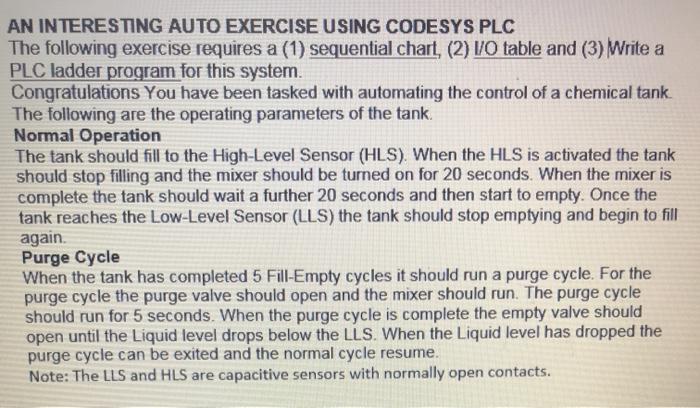 Solved AN INTERESTING AUTO EXERCISE USING CODESYS PLC The | Chegg.com