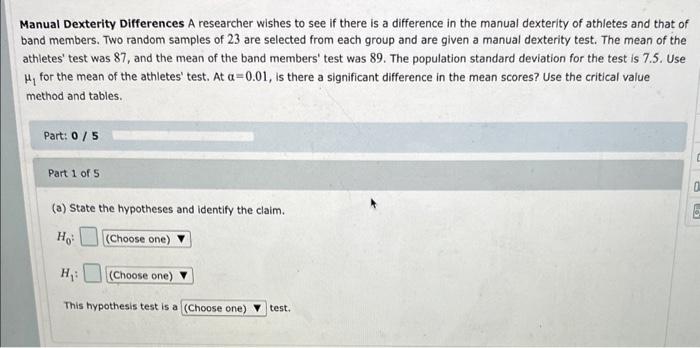 Solved Manual Dexterity Differences A researcher wishes to | Chegg.com