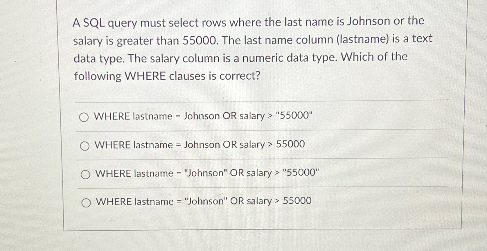 Solved A SQL query must select rows where the last name is | Chegg.com