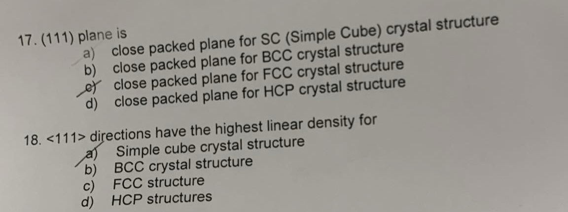 Solved (111) ﻿plane isa) ﻿close packed plane for SC (Simple | Chegg.com