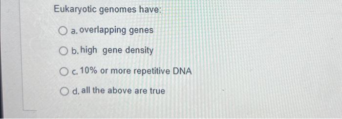 Solved Eukaryotic genomes have: a. overlapping genes b. high | Chegg.com