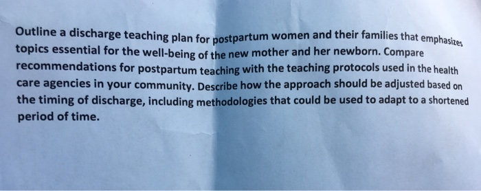 Solved Outline a discharge teaching plan for postpartum wome | Chegg.com