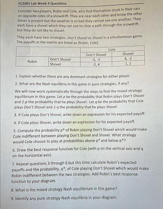 Solved EC2001 Lab Week 3 Questions Consider two,players, | Chegg.com