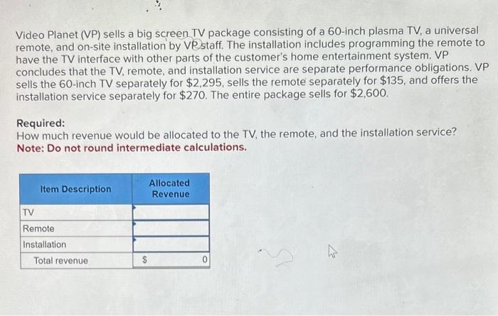 Solved Video Planet (VP) sells a big screen TV package | Chegg.com