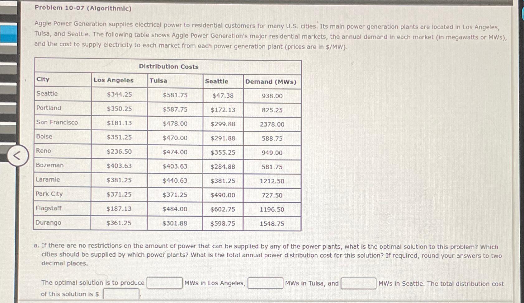 Solved Problem 10-07 (Algorithmic)Aggie Power Generation | Chegg.com