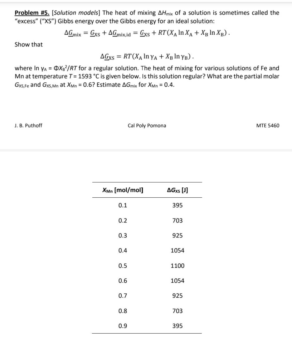 Solved Problem #5. [Solution models] ﻿The heat of mixing | Chegg.com