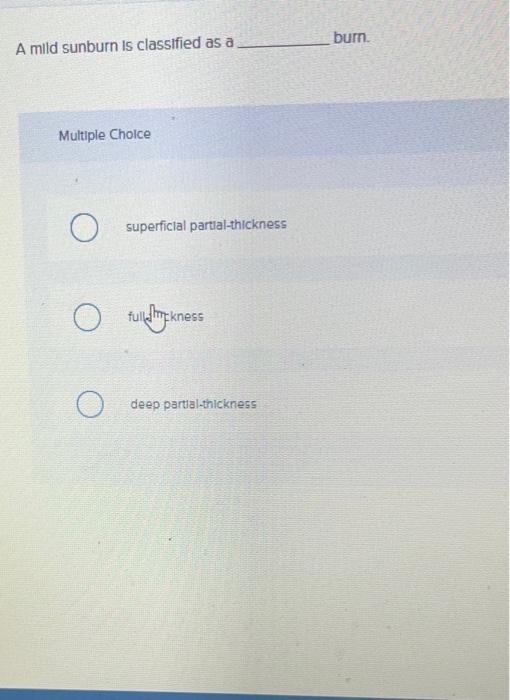 Solved A mild sunburn is classified as a bum. Multiple | Chegg.com