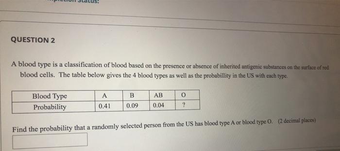 Solved QUESTION 2 A blood type is a classification of blood | Chegg.com